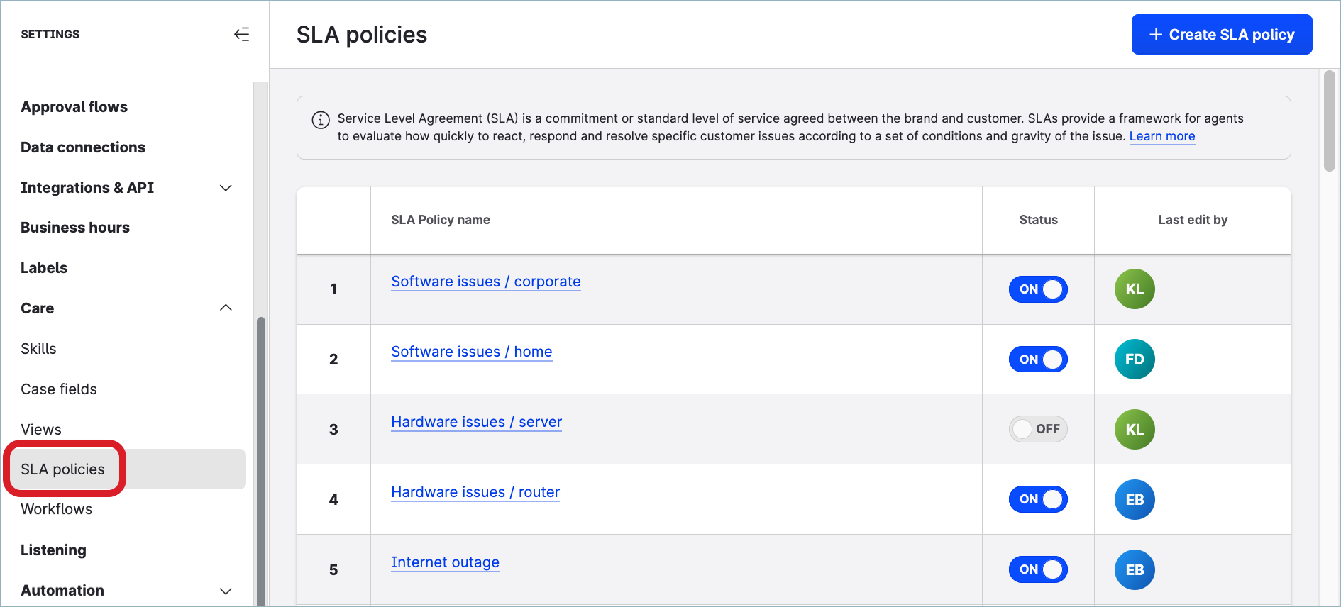 Set Up a Service-level Agreement (SLA) in Care
